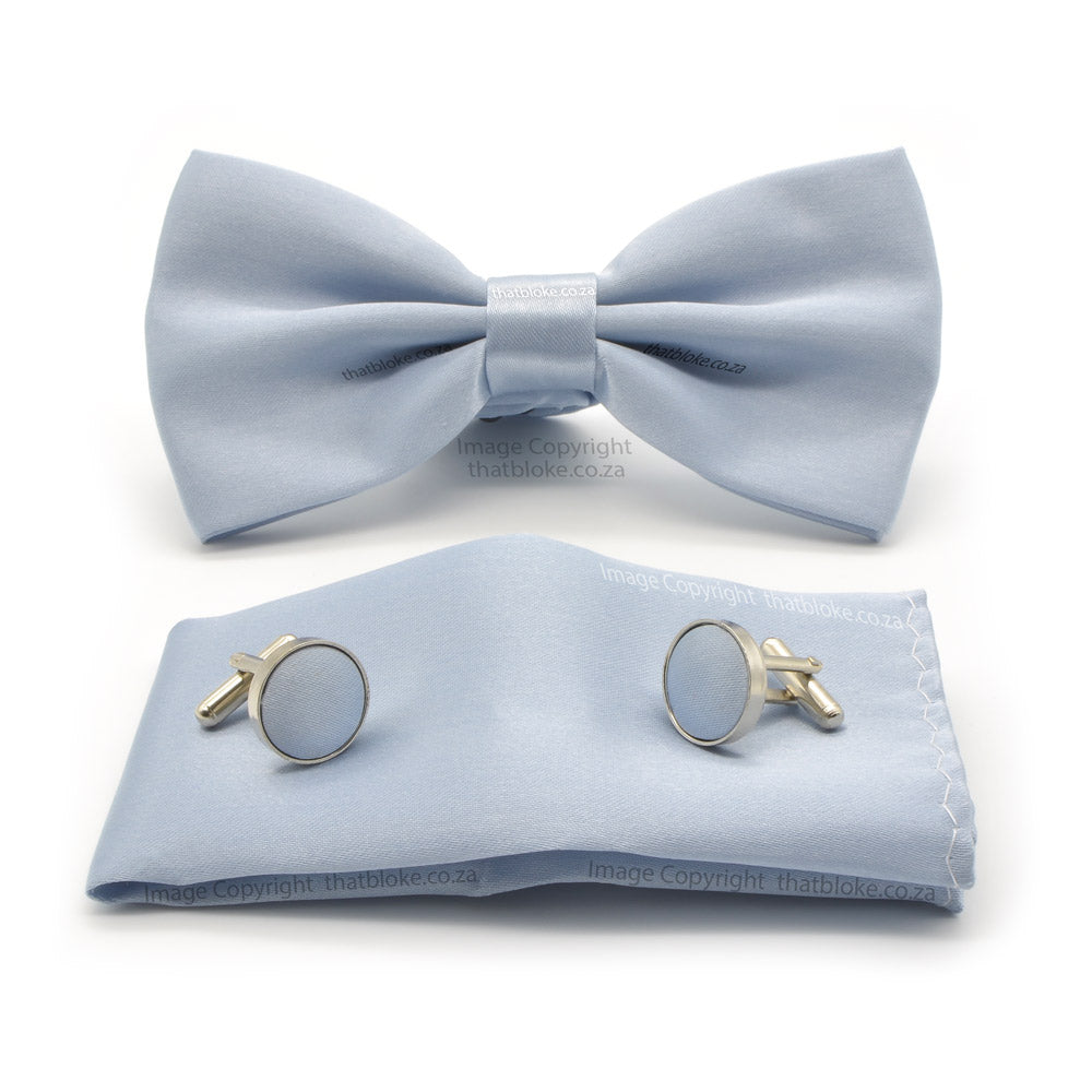 Ultra Light Blue Bow Tie & Cufflink Set with Pocket Square (Silky ...