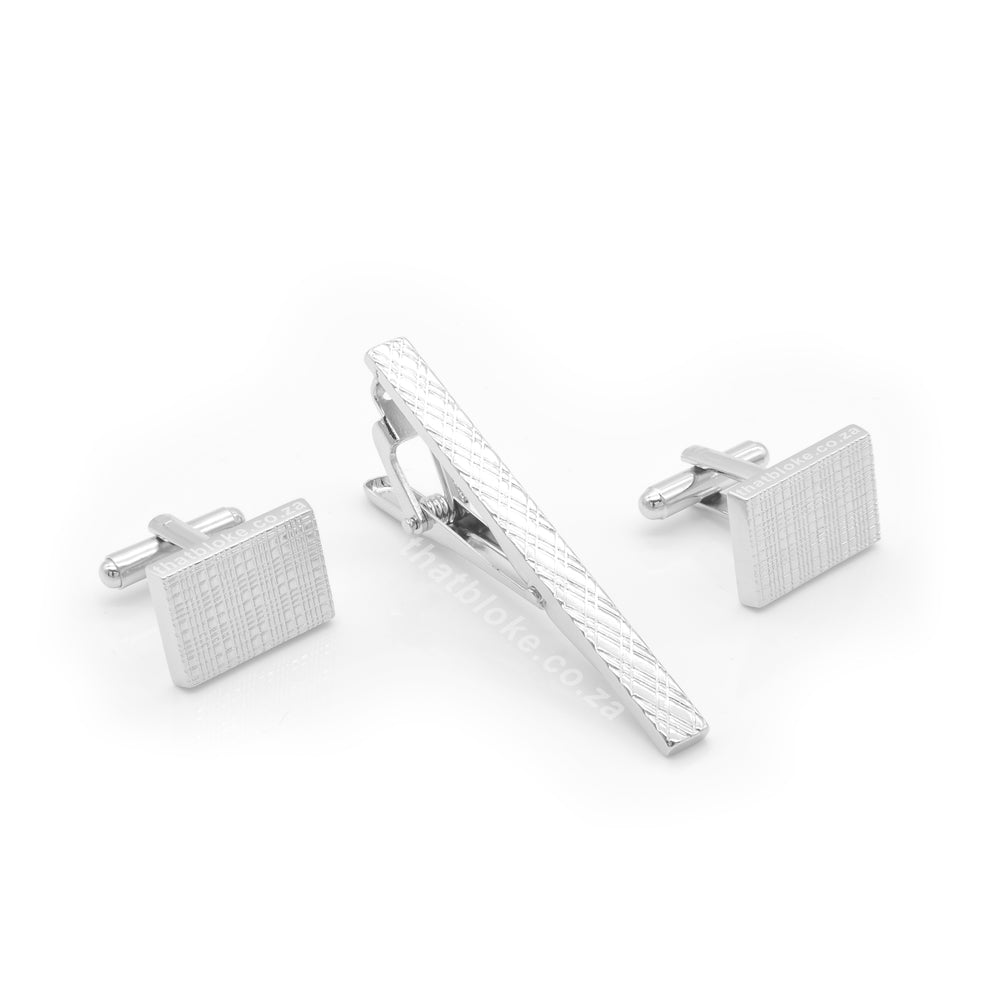 Cufflink & Tie Clip Set - Rectangular Cross Engraved Pattern (Silver ...