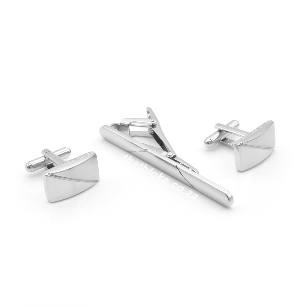 Cufflink & Tie Clip Set - Rectangular Cross Split Brushed (Silver ...