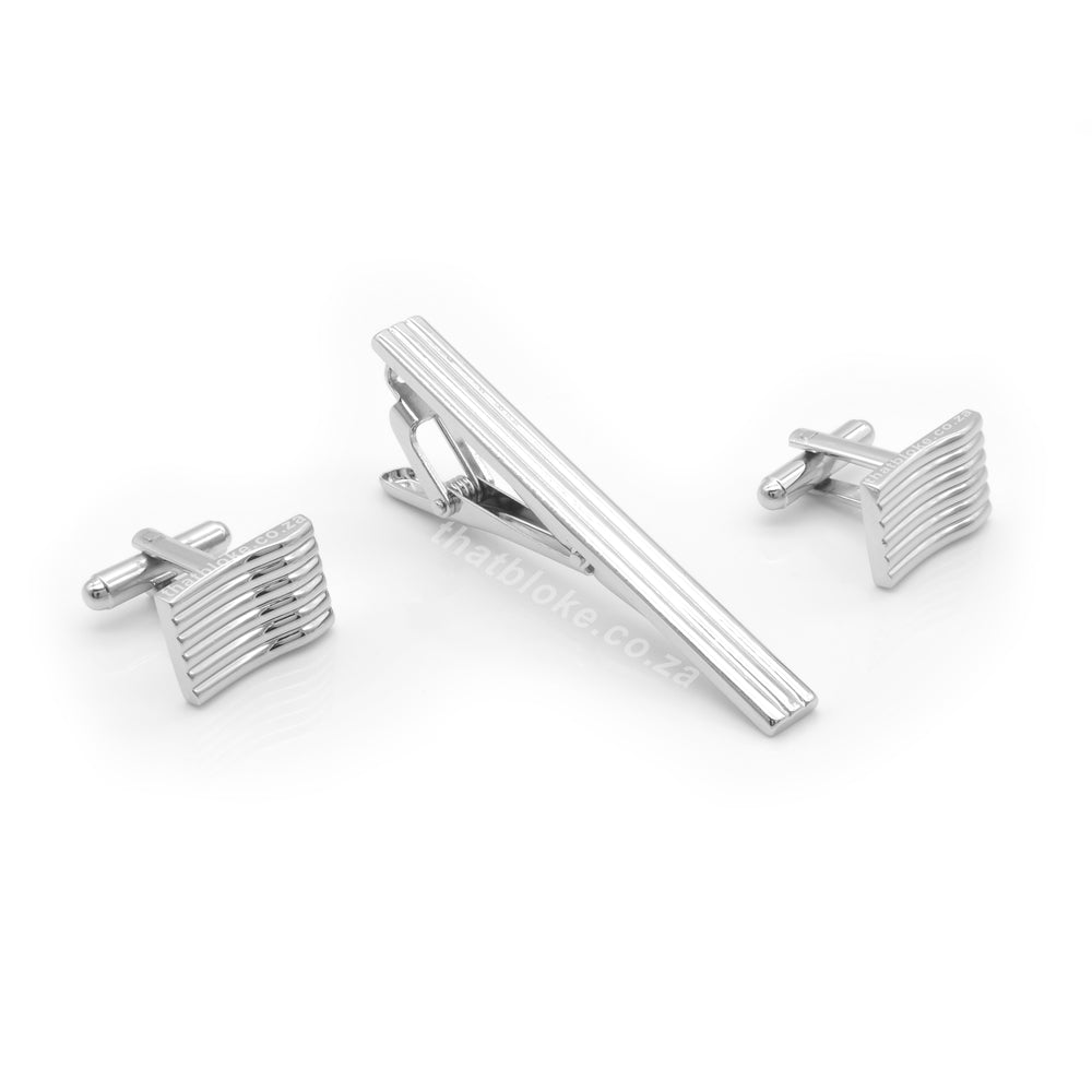 Cufflink & Tie Clip Set - Rectangular Indented Curved Lines (Silver ...