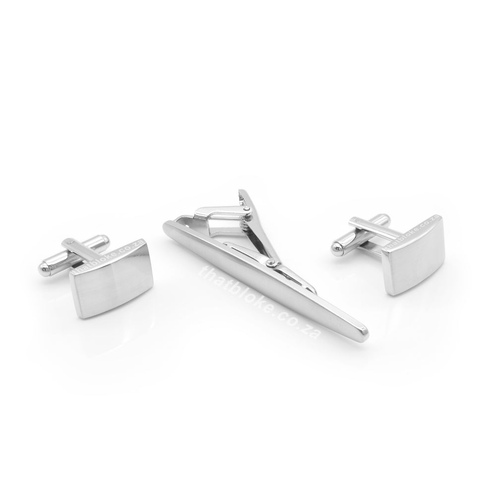 Cufflink & Tie Clip Set - Brushed Rectangular Curved Oval (Silver) — That Bloke