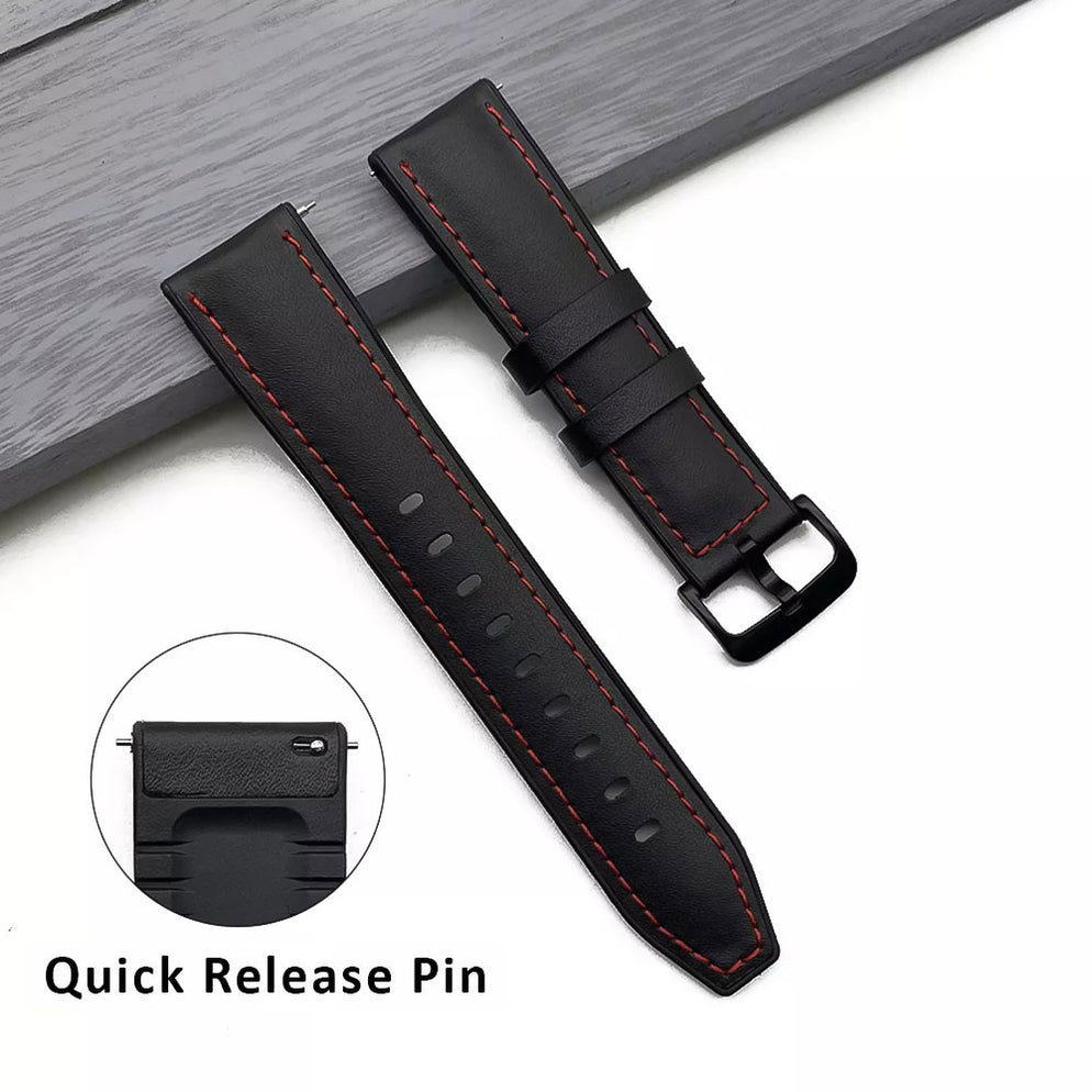 Watch Strap 22mm - Black Hybrid Sport Red Stitching (Genuine Leather ...