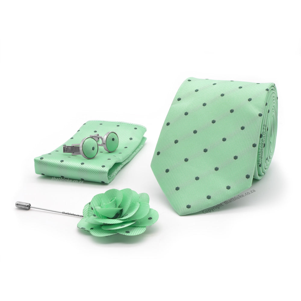 Mint Green Neck Tie, Pocket Square, Lapel Flower Set - Black Polkadots ...